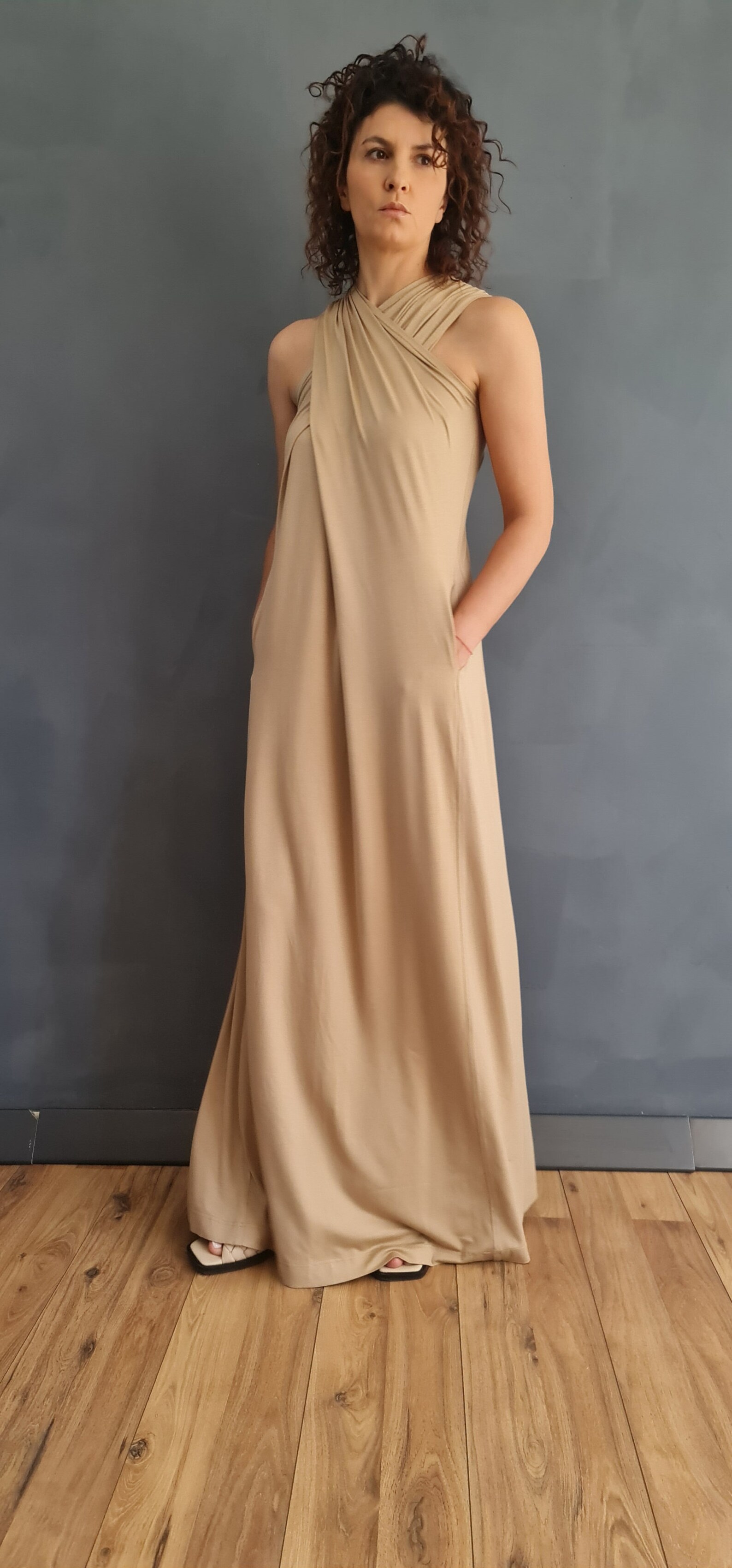 Beige Maxi Dress Long Maxi Dress Cross Front Maxi Dress - Etsy
