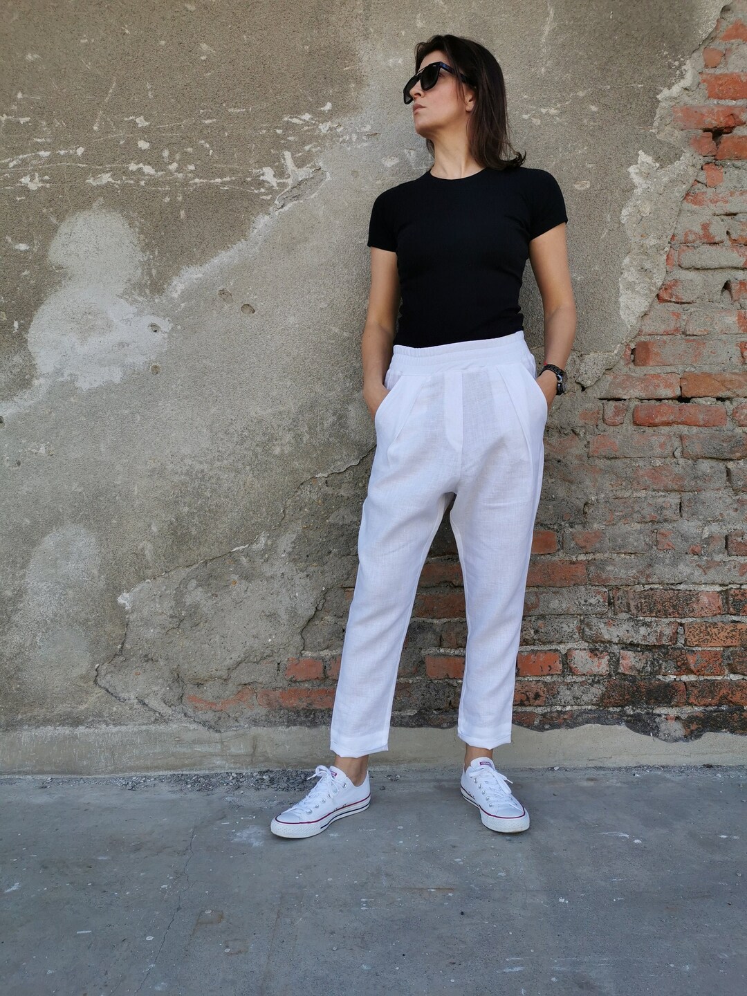 White Slim Linen Pants, Women Linen Pants, Tapered Linen Pants, White ...