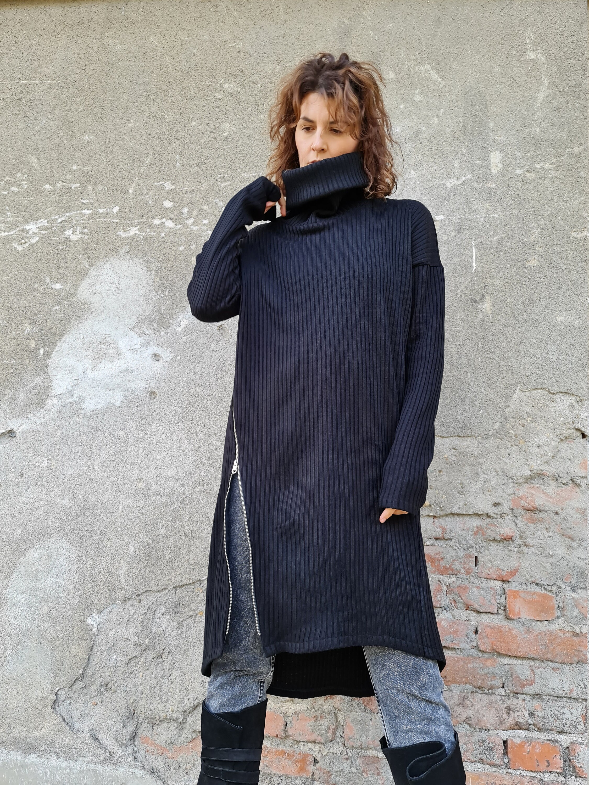 High Collar Sweater Black Sweater Full Zip Sweater Women - Etsy