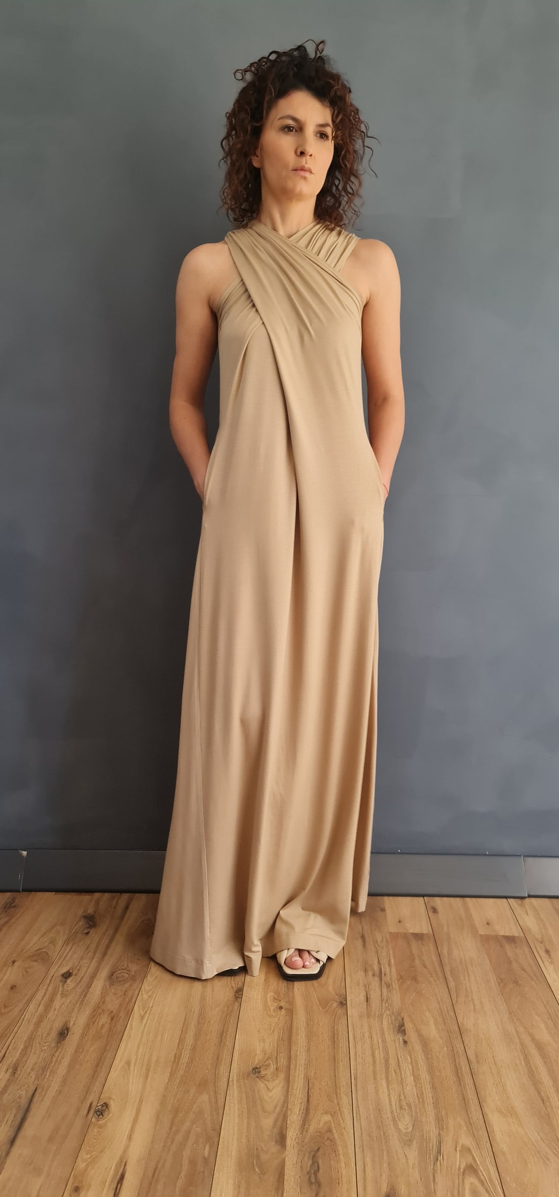 Beige Maxi Dress Long Maxi Dress Cross Front Maxi Dress - Etsy