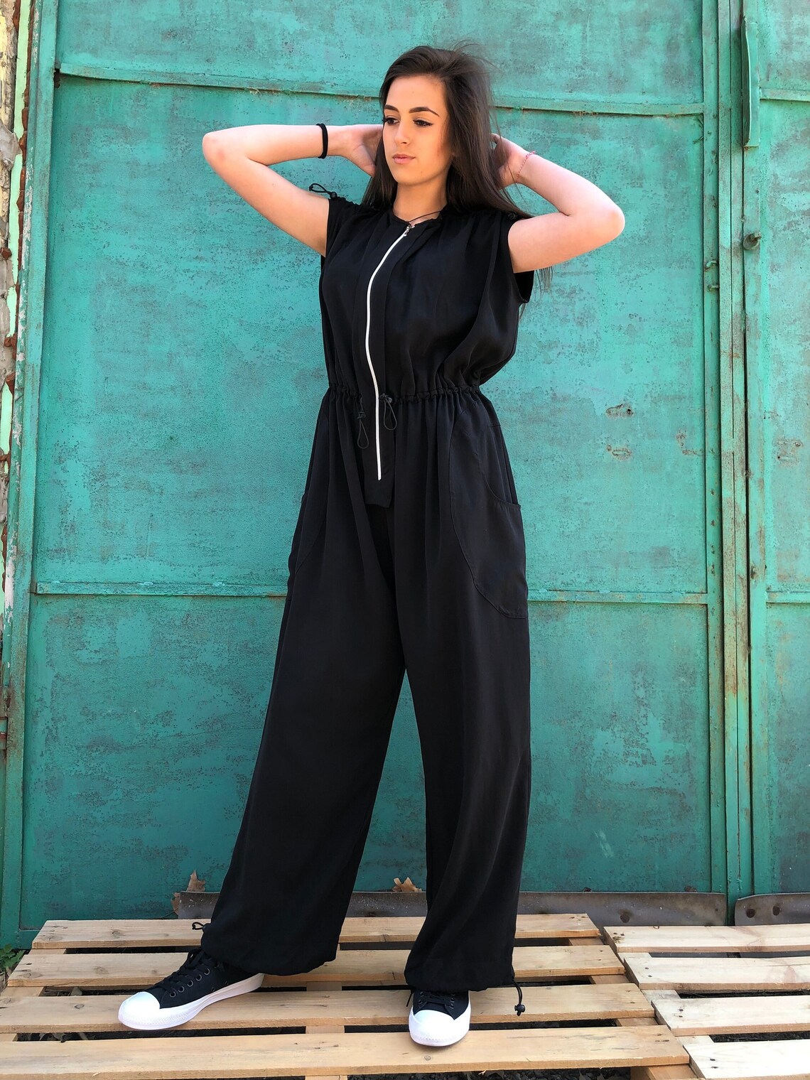 Black Lyocell Jumpsuit Straight Leg Overall Black Women - Etsy
