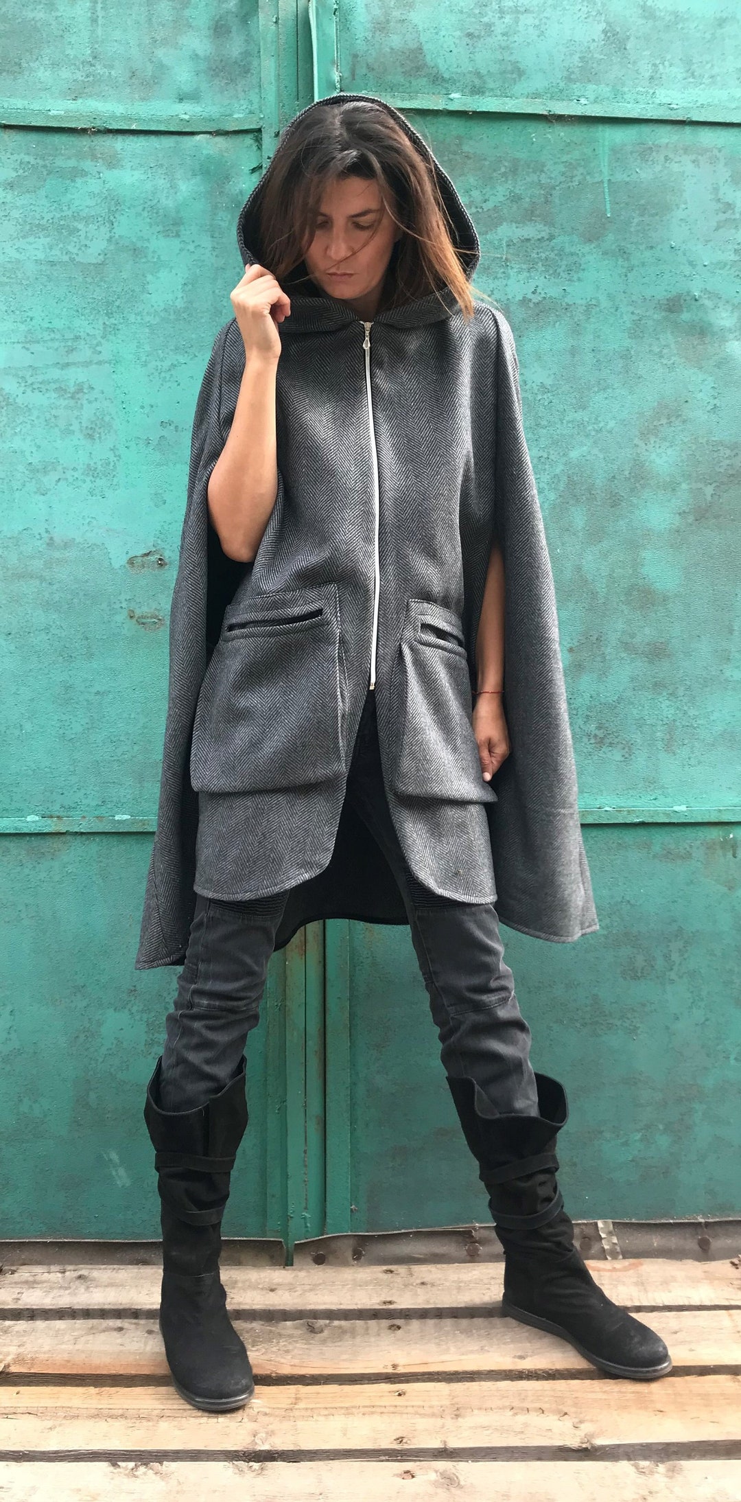 Womens Cape Coat, Plus Size Cape Coat, Hooded Cape Coat, Wool Cape Coat ...