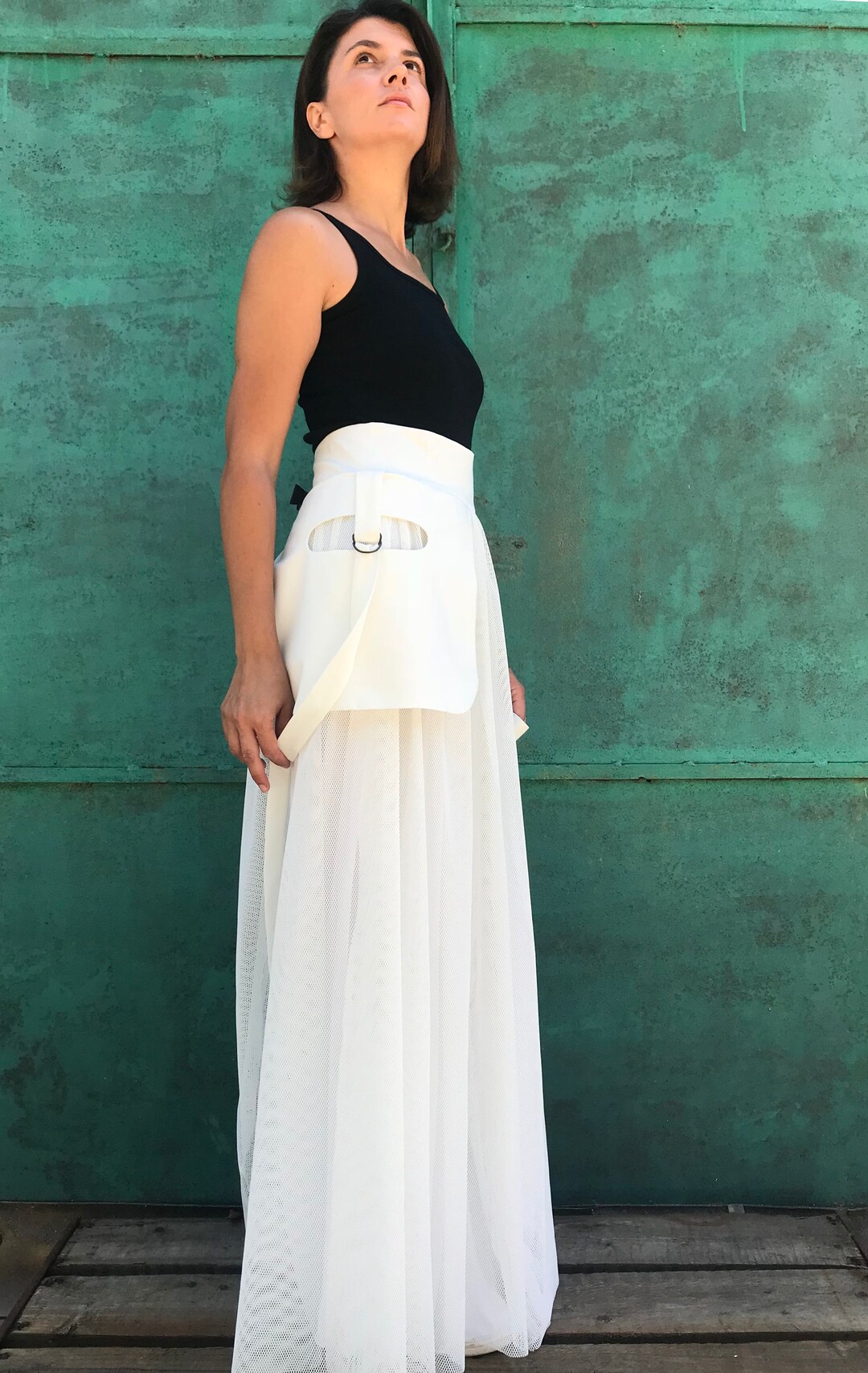 White Mesh Maxi Skirt , Structured Waist Skirt , Minimalist Bridal ...