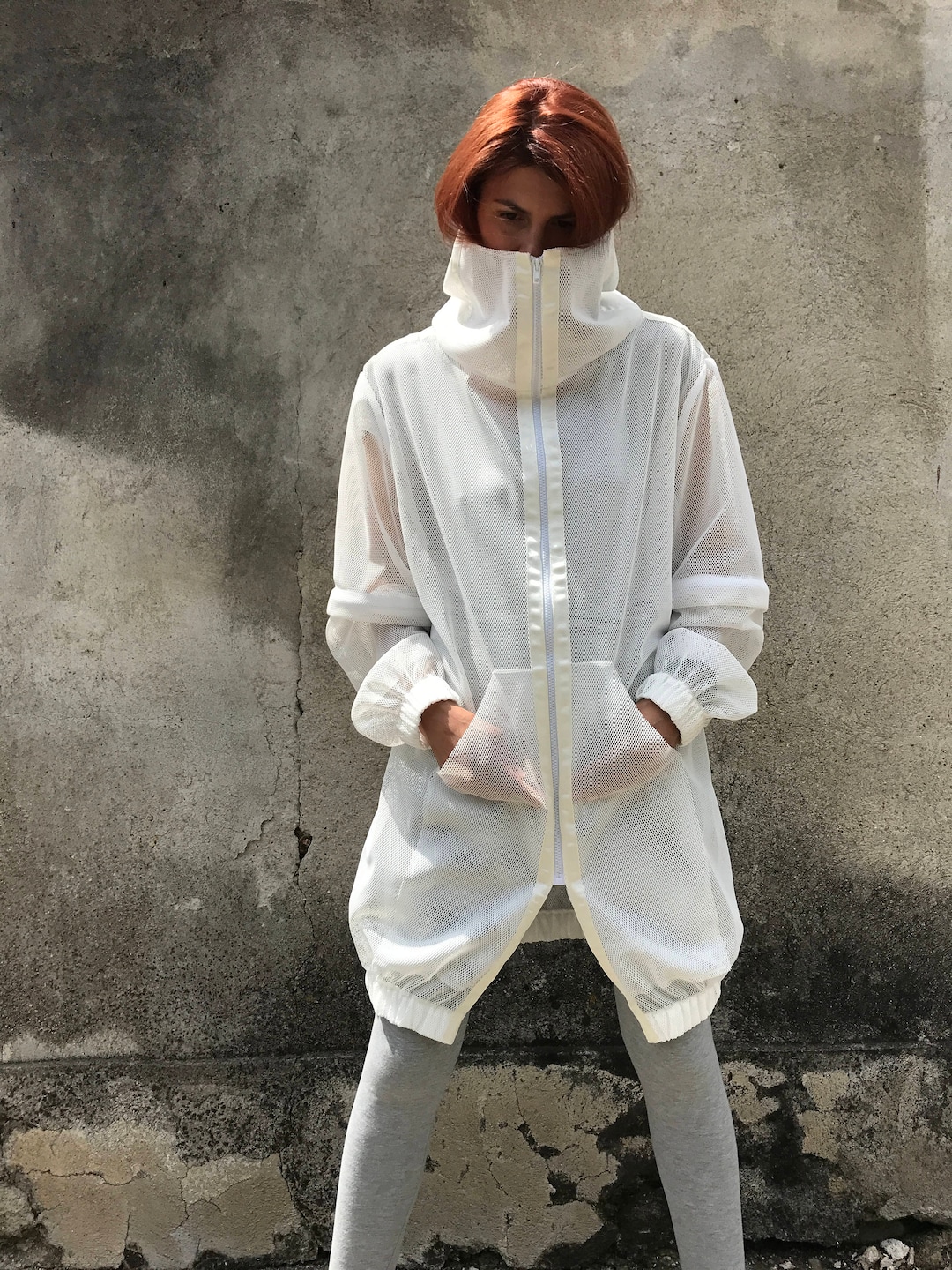 White Fishnet Jacket, Zip up Fishnet Jacket, Oversized Fishnet Jacket ...