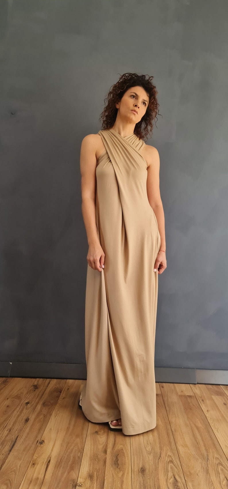 Beige Maxi Dress Long Maxi Dress Cross Front Maxi Dress - Etsy
