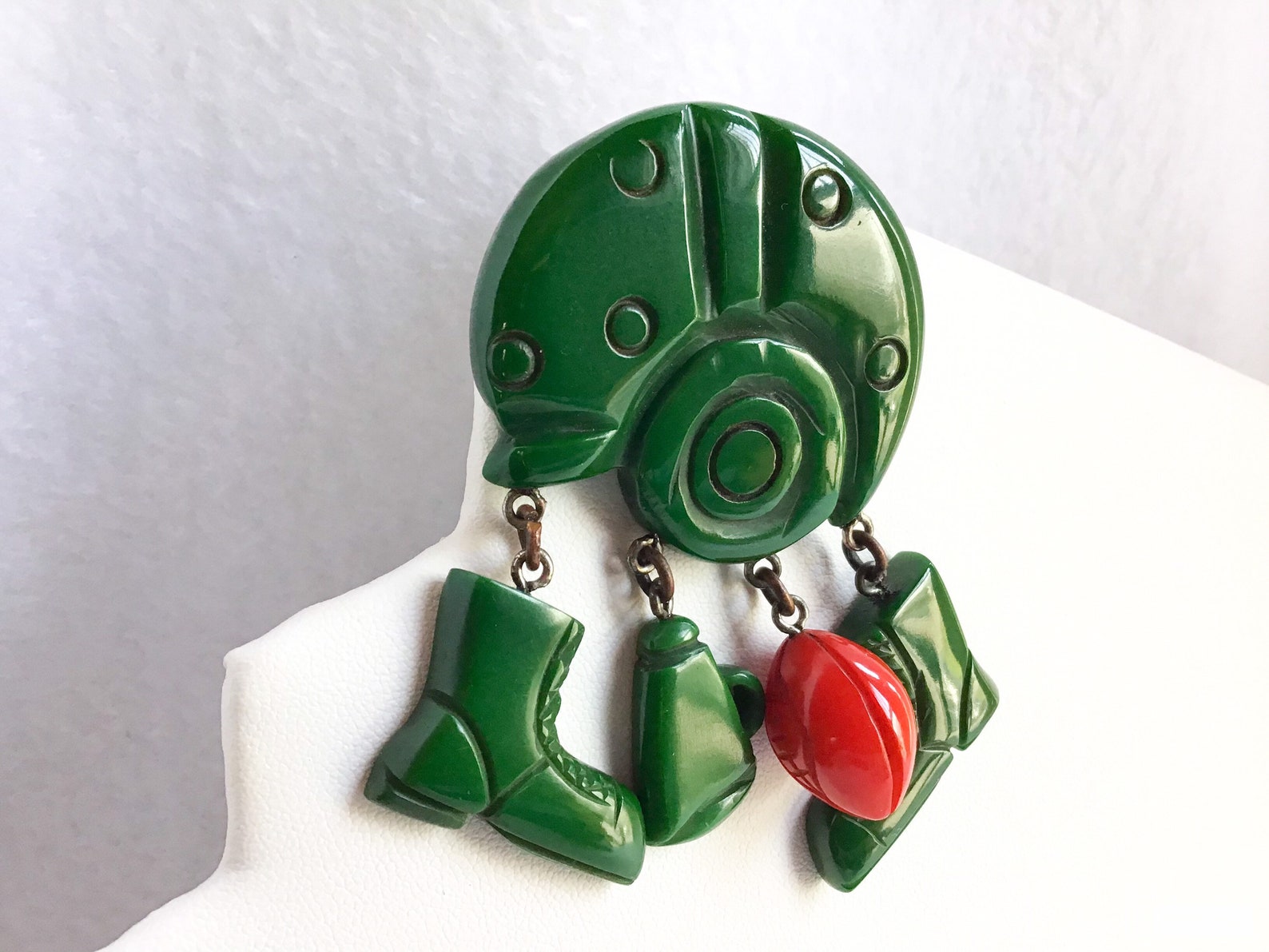 Green Bakelite Football Brooch Art Deco Sports Pin Carved | Etsy