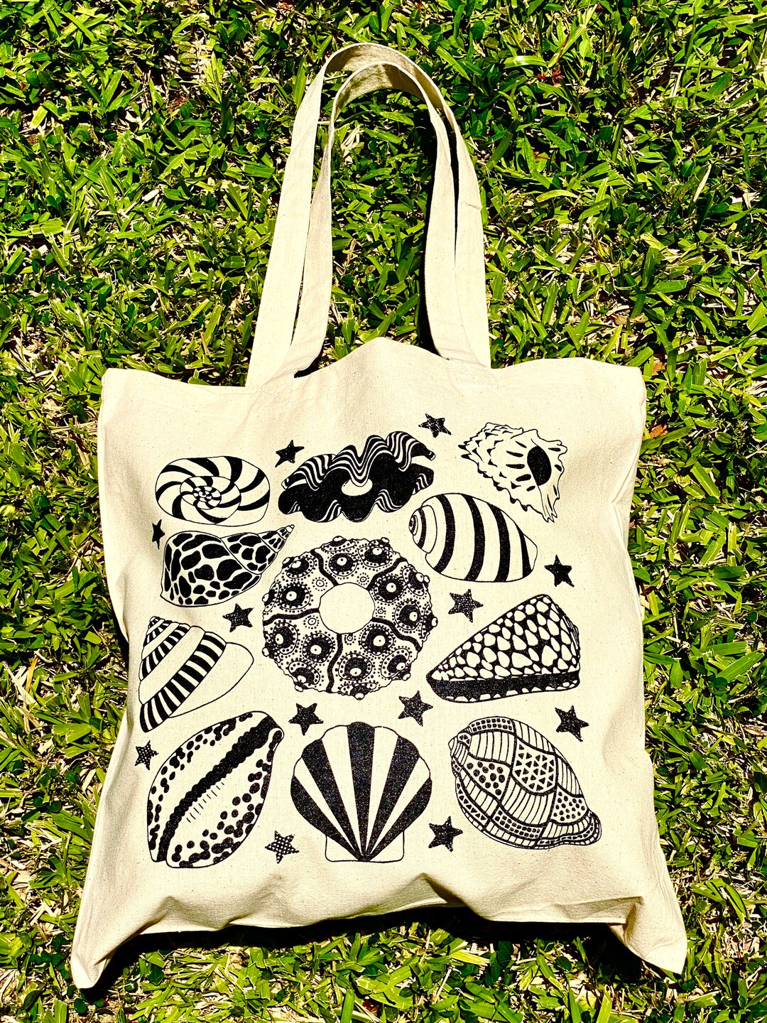 Sea Shell Screen Print Cotton Canvas Tote Bag Reusable Washable ...