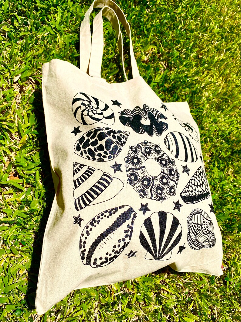 Sea Shell Screen Print Cotton Canvas Tote Bag Reusable Washable ...