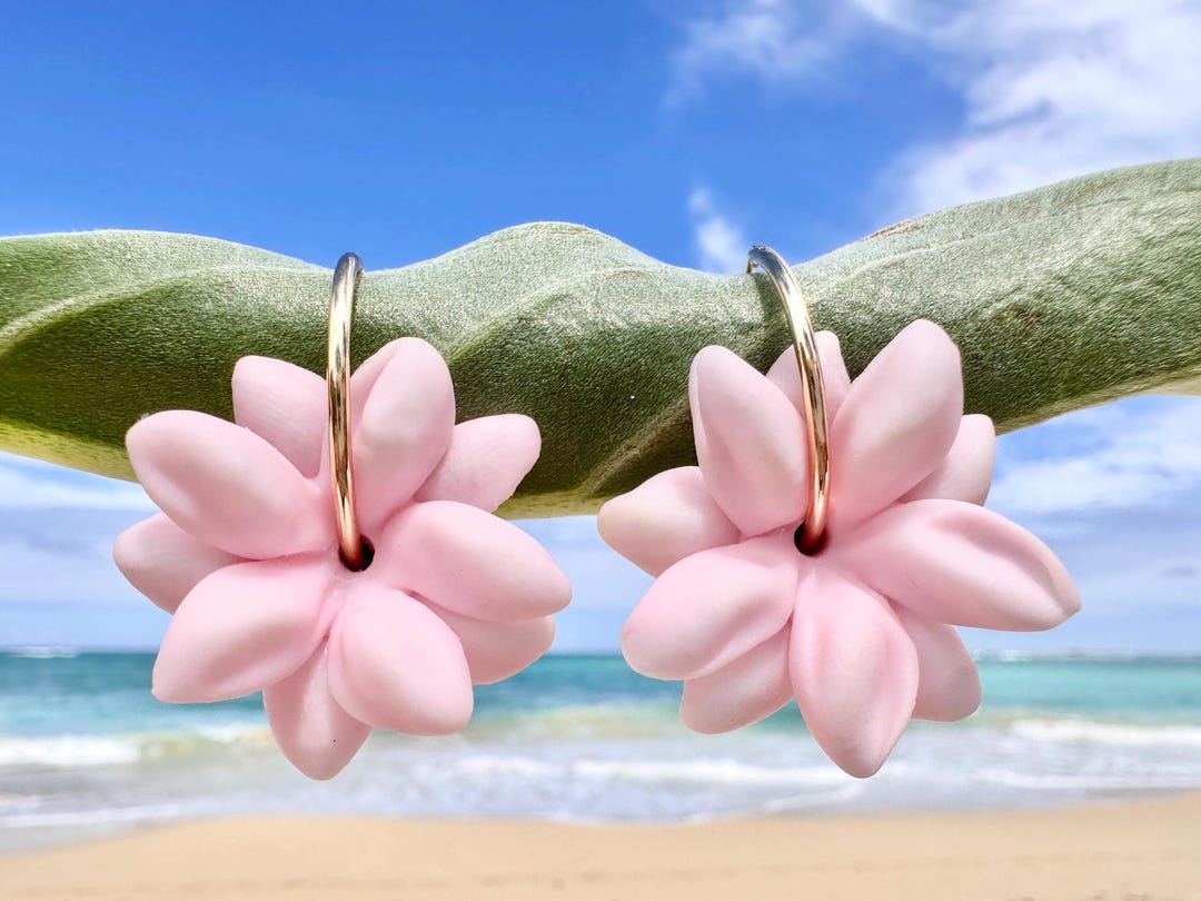 Pink Pikake 14K Gold Filled Hoop Earrings Hawaiian Jasmine Clay Flowers ...