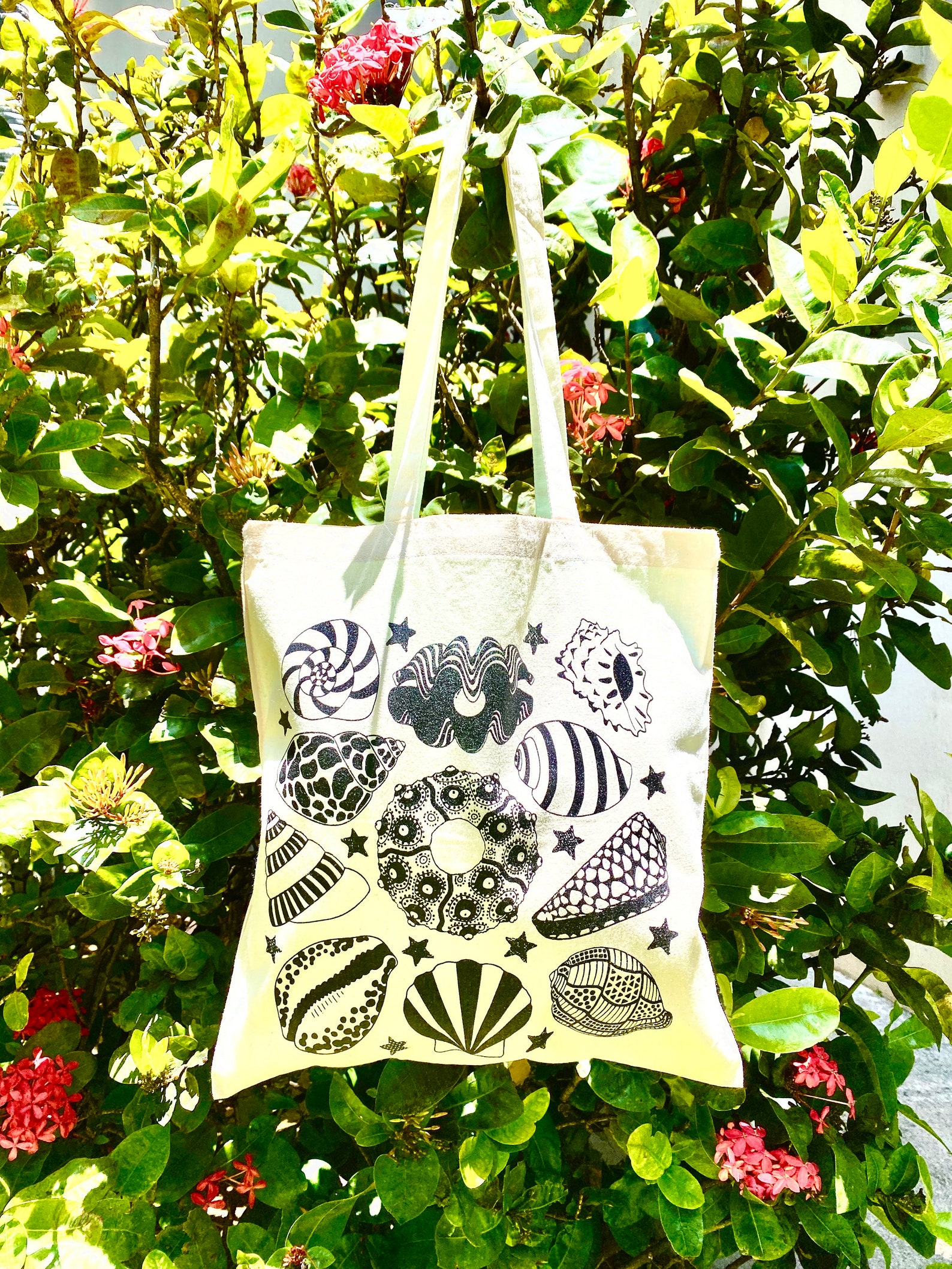 Sea Shell Screen Print Cotton Canvas Tote Bag Reusable Washable ...