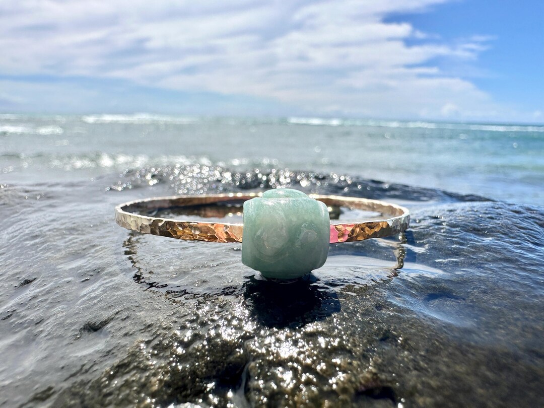 Carved Type A Natural Jade Barrel Bead on a Hammered Bangle / Choose ...