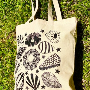 Sea Shell Screen Print Cotton Canvas Tote Bag Reusable Washable ...