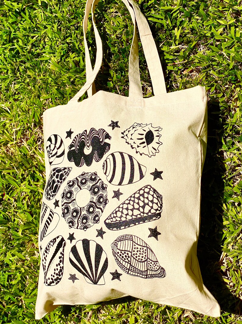 Sea Shell Screen Print Cotton Canvas Tote Bag Reusable Washable ...