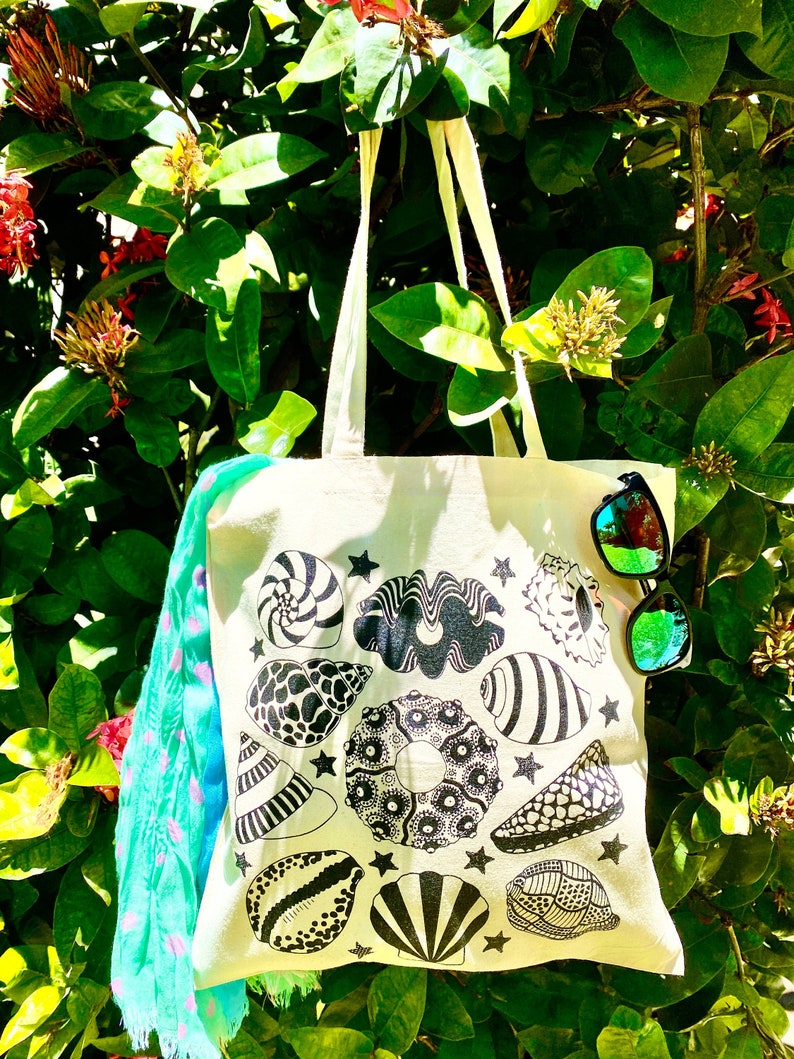 Sea Shell Screen Print Cotton Canvas Tote Bag Reusable Washable ...