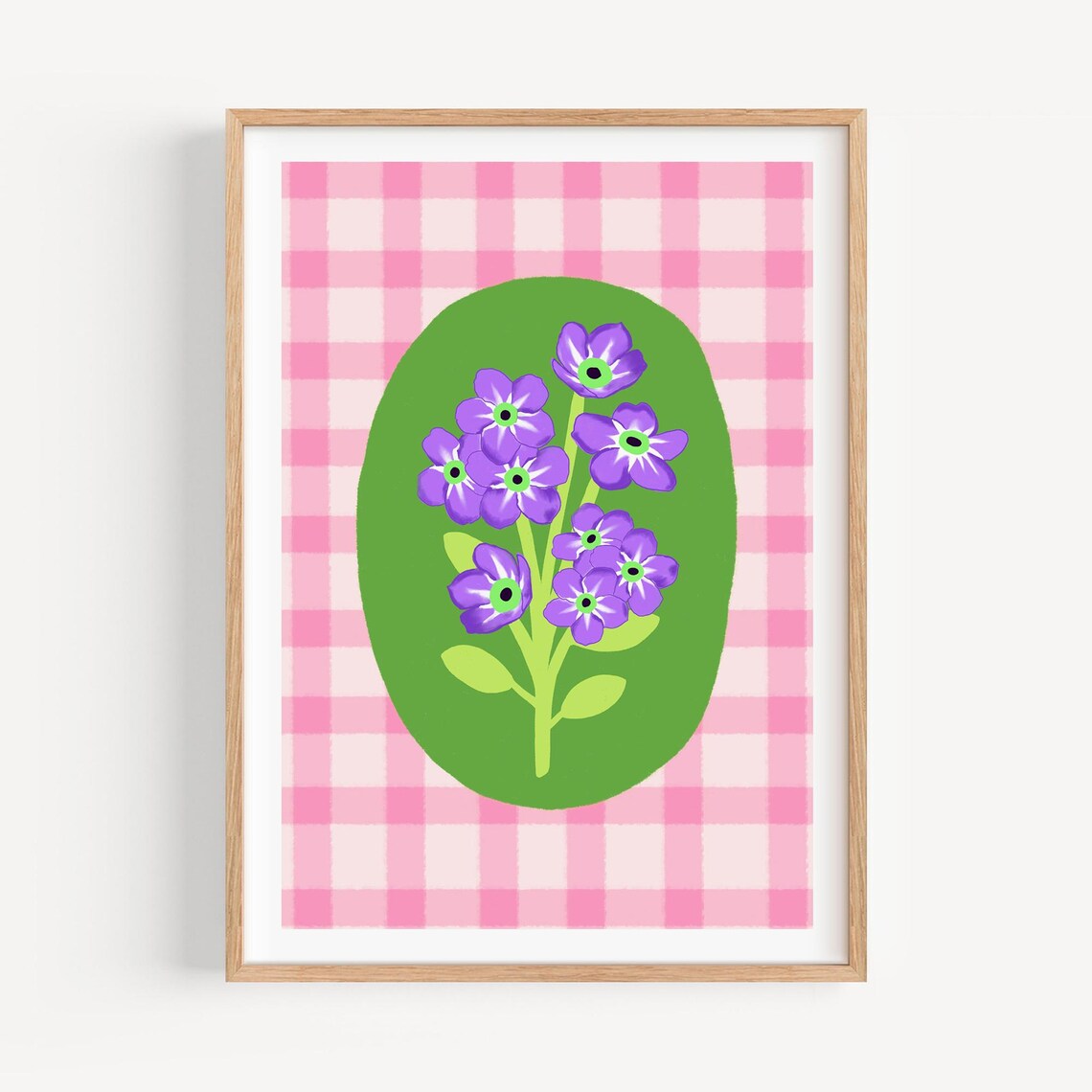 Floral Art Print, Pink Gingham Pattern, Nature Illustration, Colourful ...