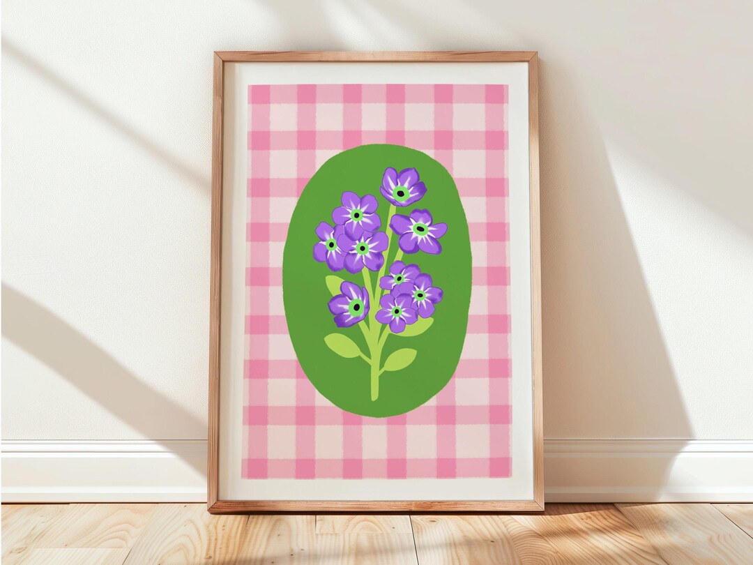 Floral Art Print, Pink Gingham Pattern, Nature Illustration, Colourful ...