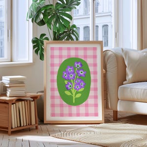 Floral Art Print, Pink Gingham Pattern, Nature Illustration, Colourful ...