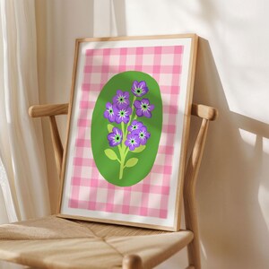 Floral Art Print, Pink Gingham Pattern, Nature Illustration, Colourful ...