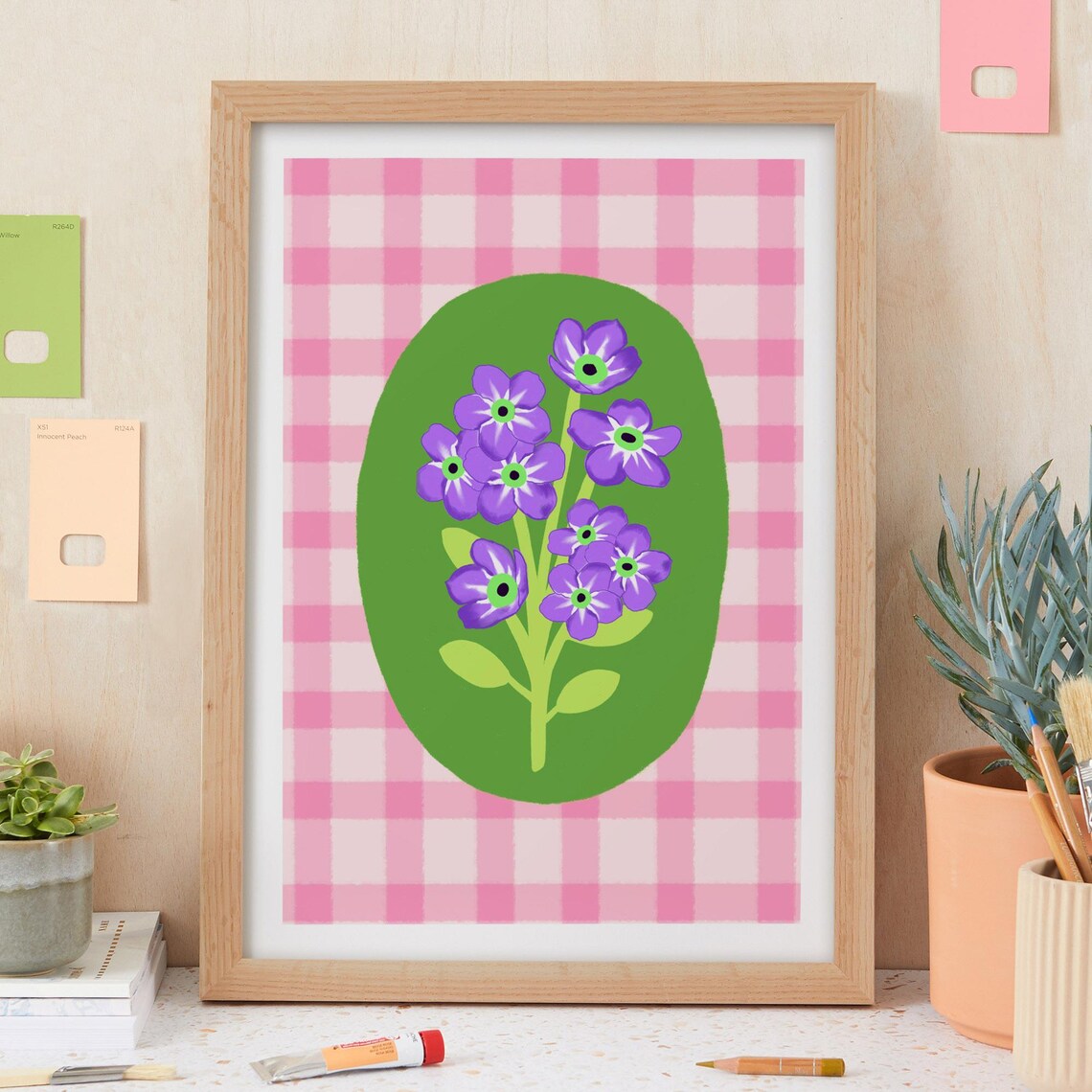 Floral Art Print, Pink Gingham Pattern, Nature Illustration, Colourful ...