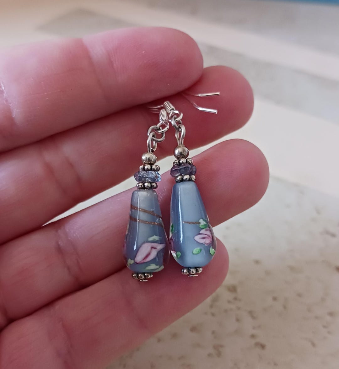 Powder Blue Pink Flower Teardrop Glass Lampwork Bead Dangle Drop Silver ...