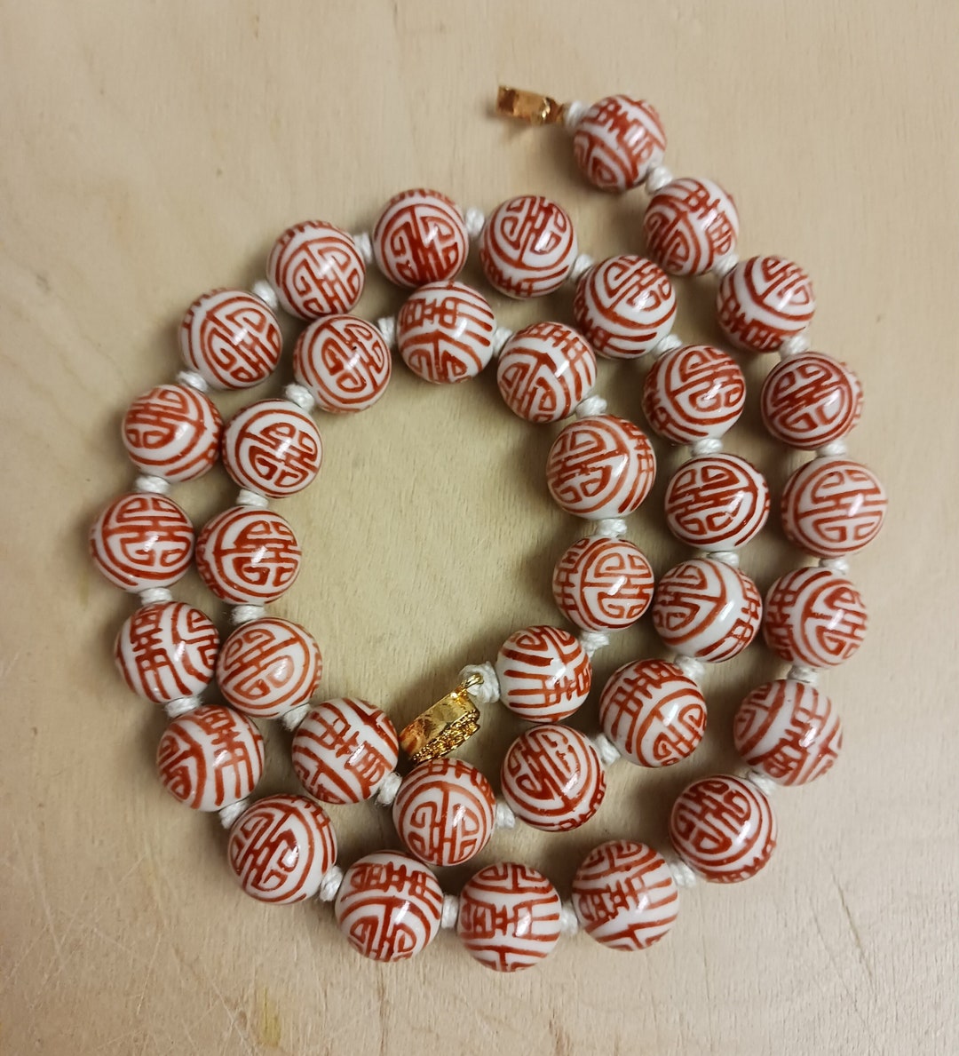Vintage Chinese Porcelain Red White Shou Beaded Necklace - Etsy