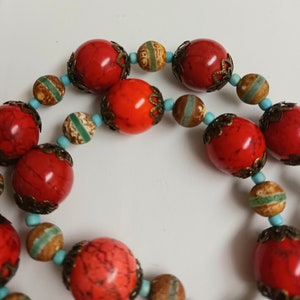 Red Orange Stone Vintage Blue Beige Dzi Beaded Bronze Necklace - Etsy