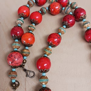 Red Orange Stone Vintage Blue Beige Dzi Beaded Bronze Necklace - Etsy
