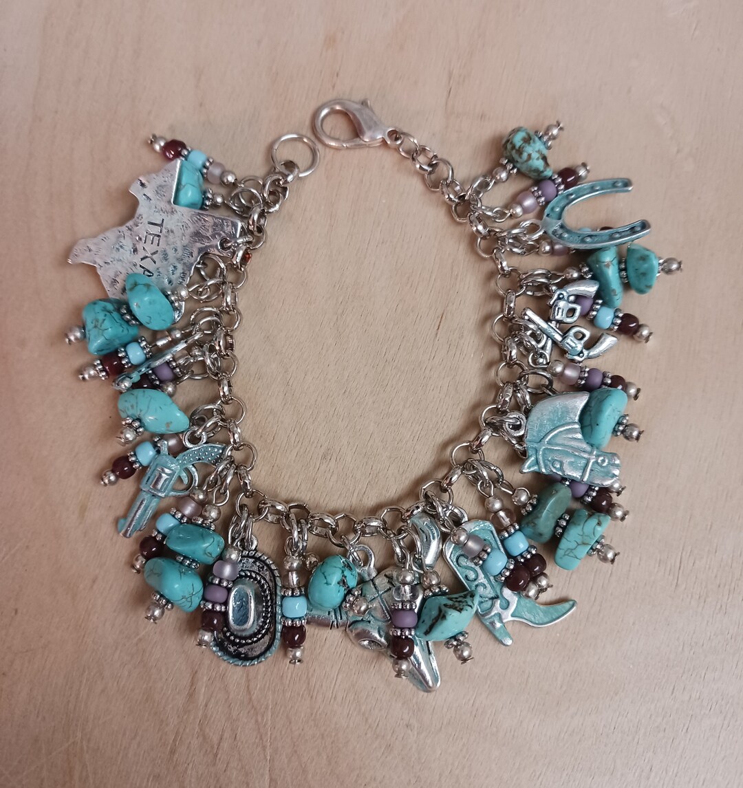Texas Southwest Turquoise Silver Metal Patina Charm Bracelet - Etsy