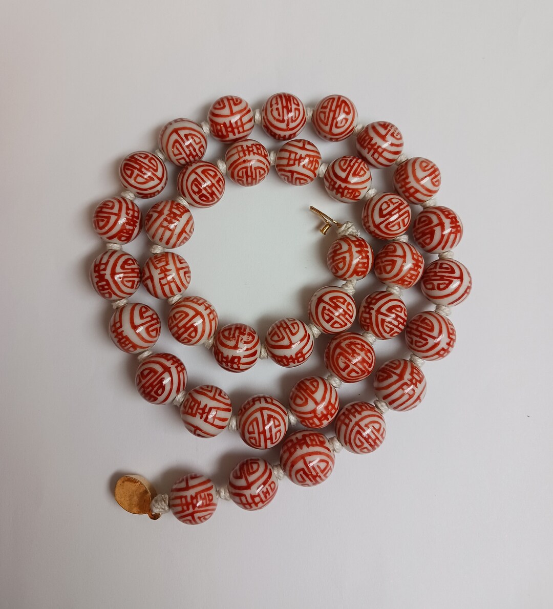 Vintage Red White Shou Chinese Porcelain Beaded Necklace - Etsy