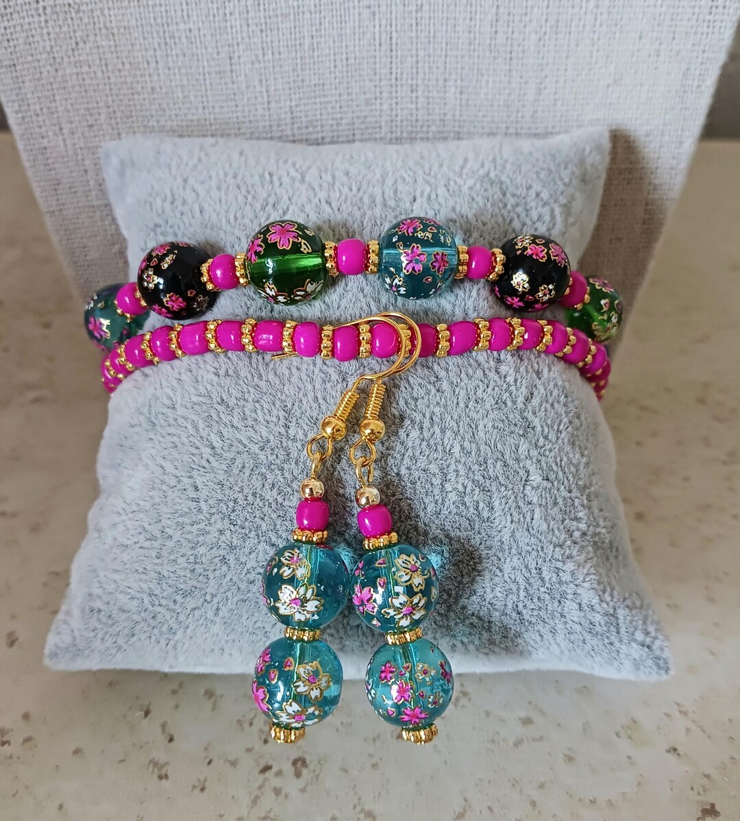 2pc Glass Tensha Bead Fuschia Seed Bead Bracelet Stack With Matching ...