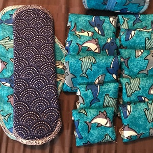 Set of 12/ 8+4 Pads Reusable Cloth Menstrual Pads (sharks on Blue ...