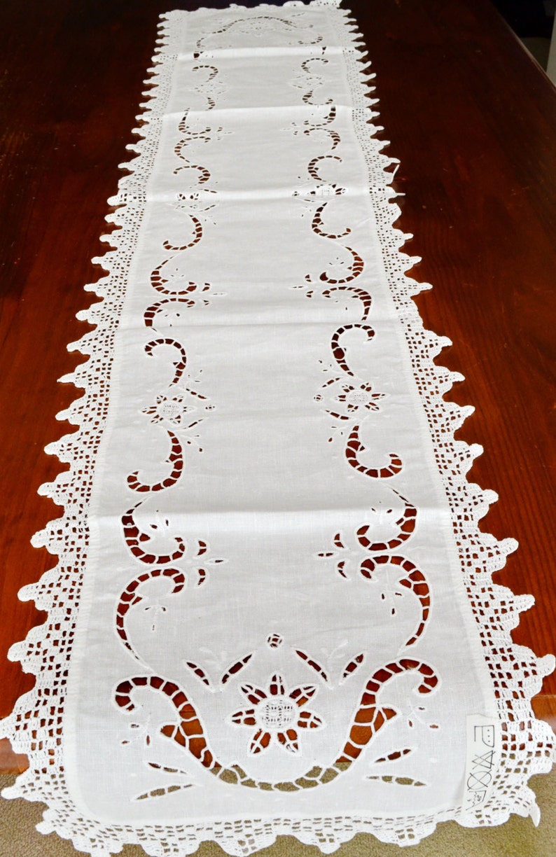 Crochet Lace Pure Linen Handmade Super Extra Long Table Runner Dresser ...