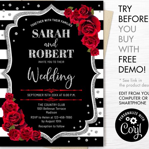 Wedding Invitation Gold Black Red Red Roses Wedding Invite - Etsy