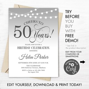 INSTANT DOWNLOAD 50th Birthday Party Invitation. DIY Digital Template ...