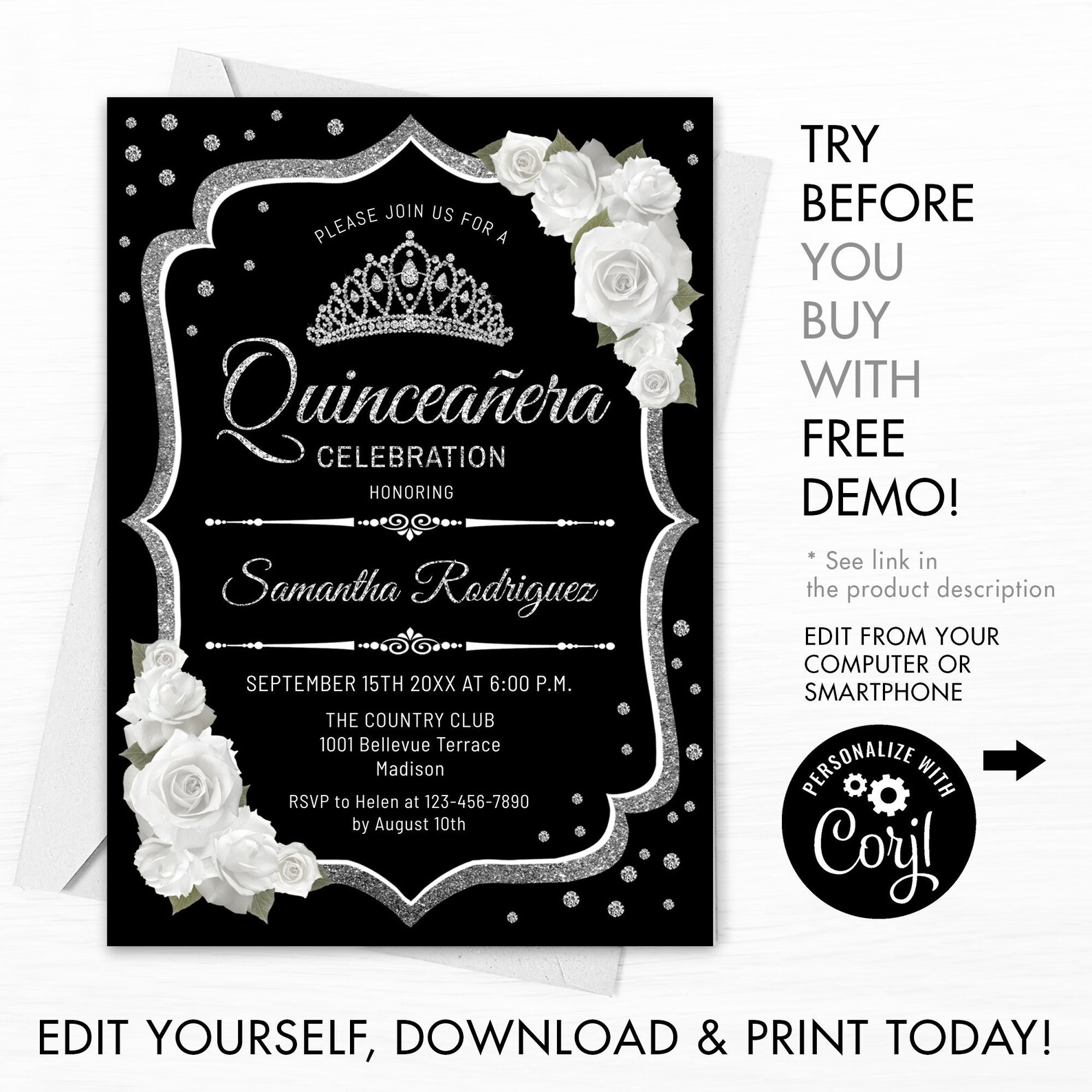 Quinceanera Invitation INSTANT DOWNLOAD Digital Template. - Etsy