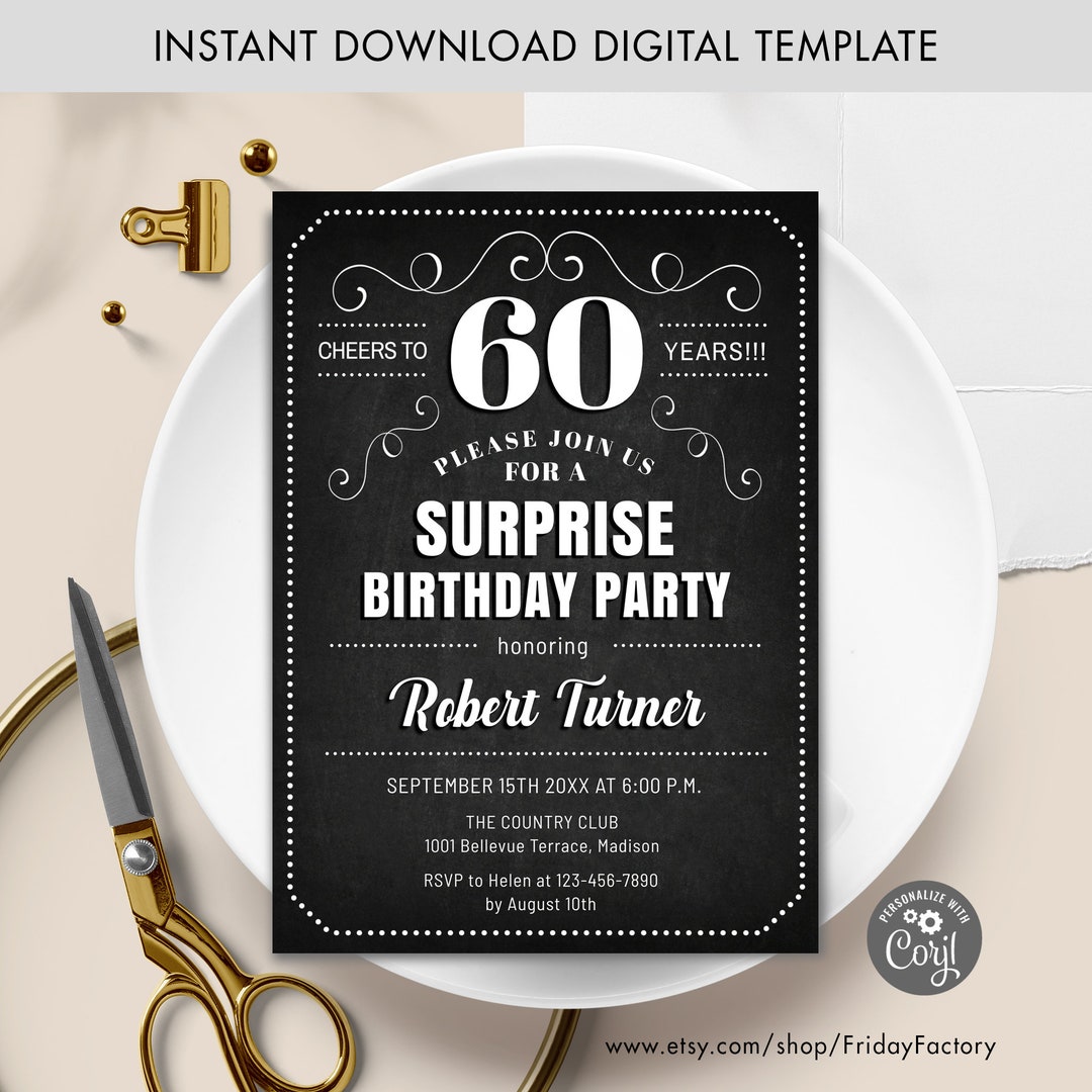 Surprise 60th Birthday Invitation: Chalkboard Design (digital Template ...
