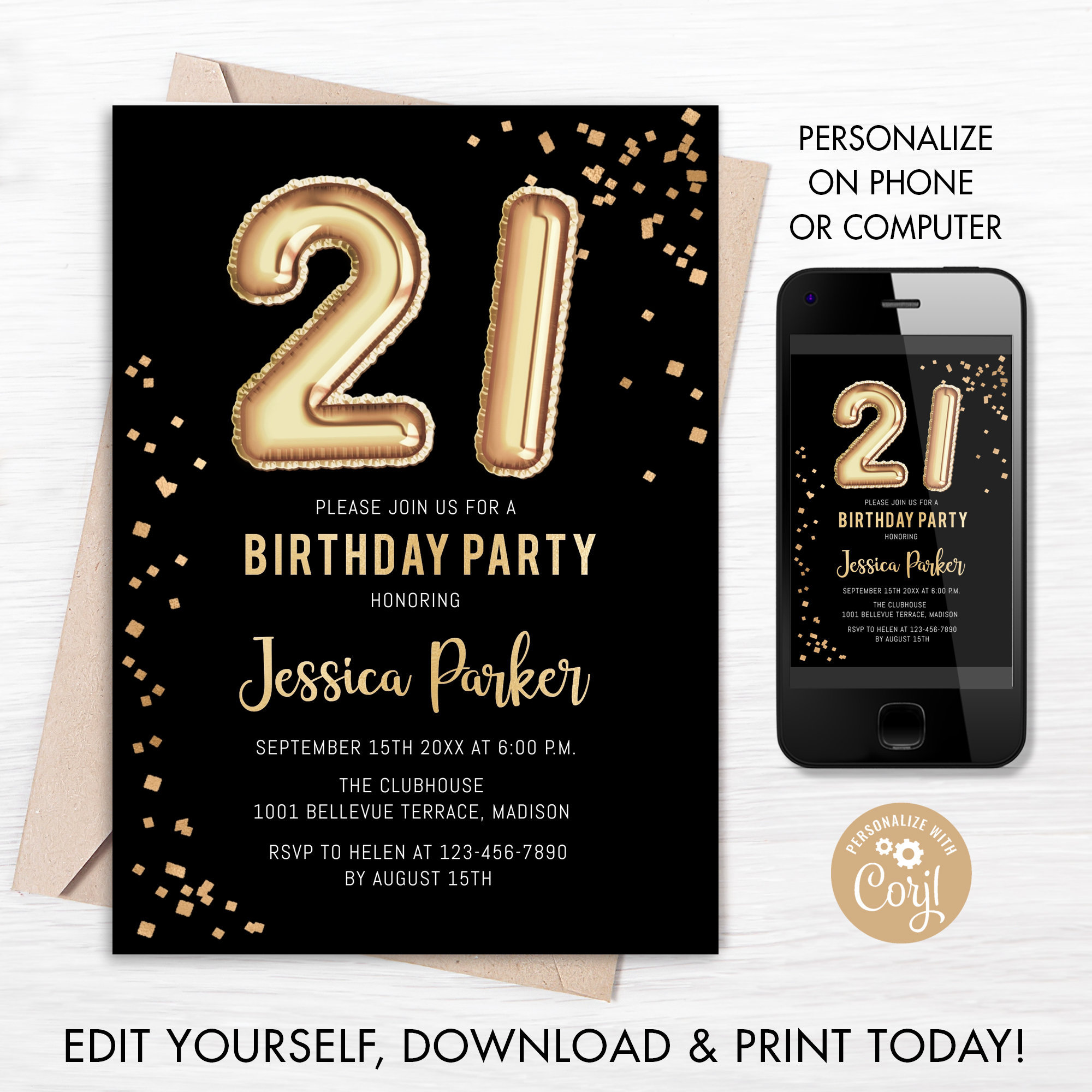 21st Birthday Party Invitation - INSTANT DOWNLOAD Digital Template ...