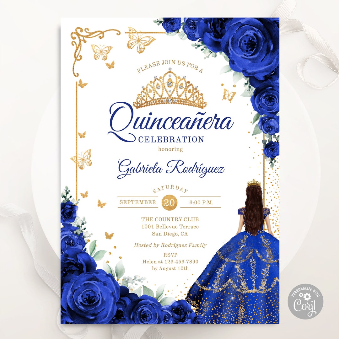 Royal Blue Gold Quinceañera Invitation: Floral Watercolor (digital ...