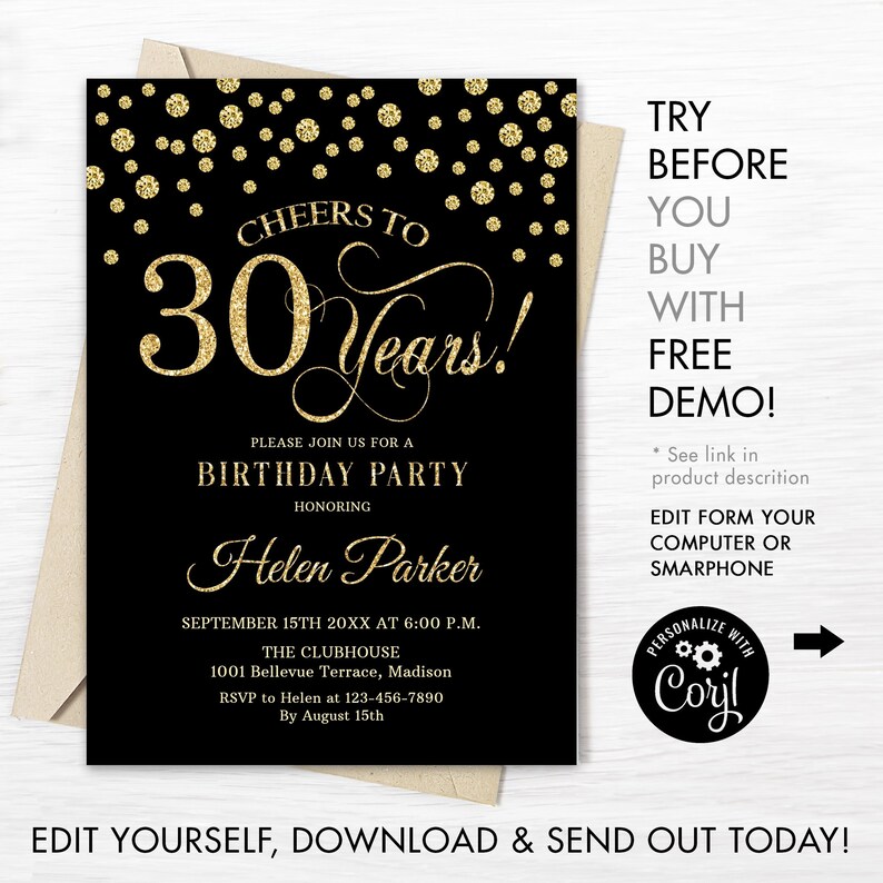 30th Birthday Invitation INSTANT DOWNLOAD Digital Template Etsy
