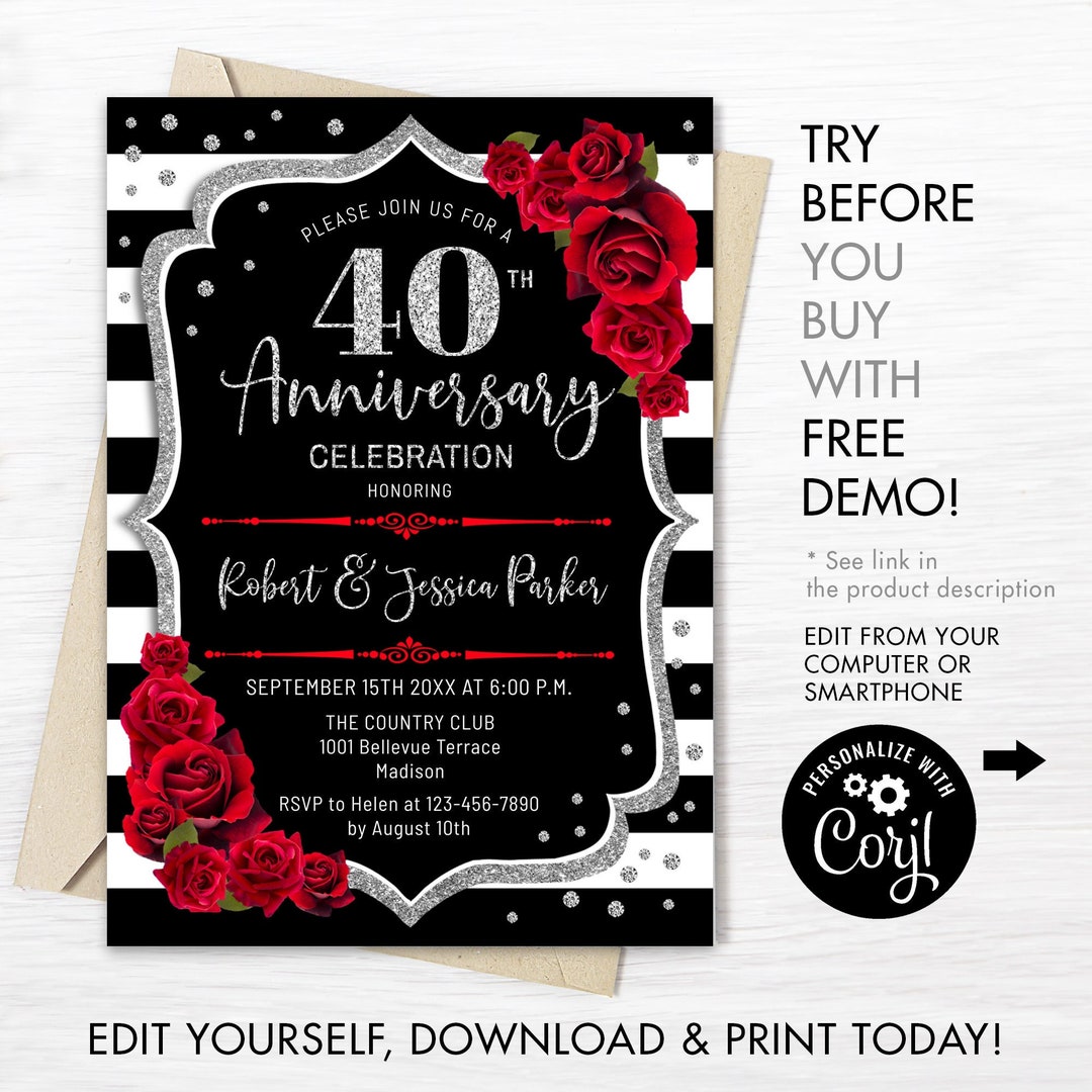 40th Wedding Anniversary Invitation - INSTANT DOWNLOAD Digital Template ...