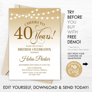 Editable 40th Birthday Invitation. INSTANT DOWNLOAD DIY Digital ...