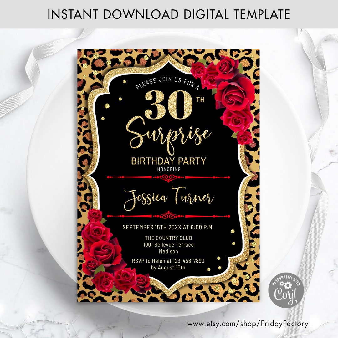Leopard Print Surprise Birthday Invitation: Red Roses, Gold Glitter ...