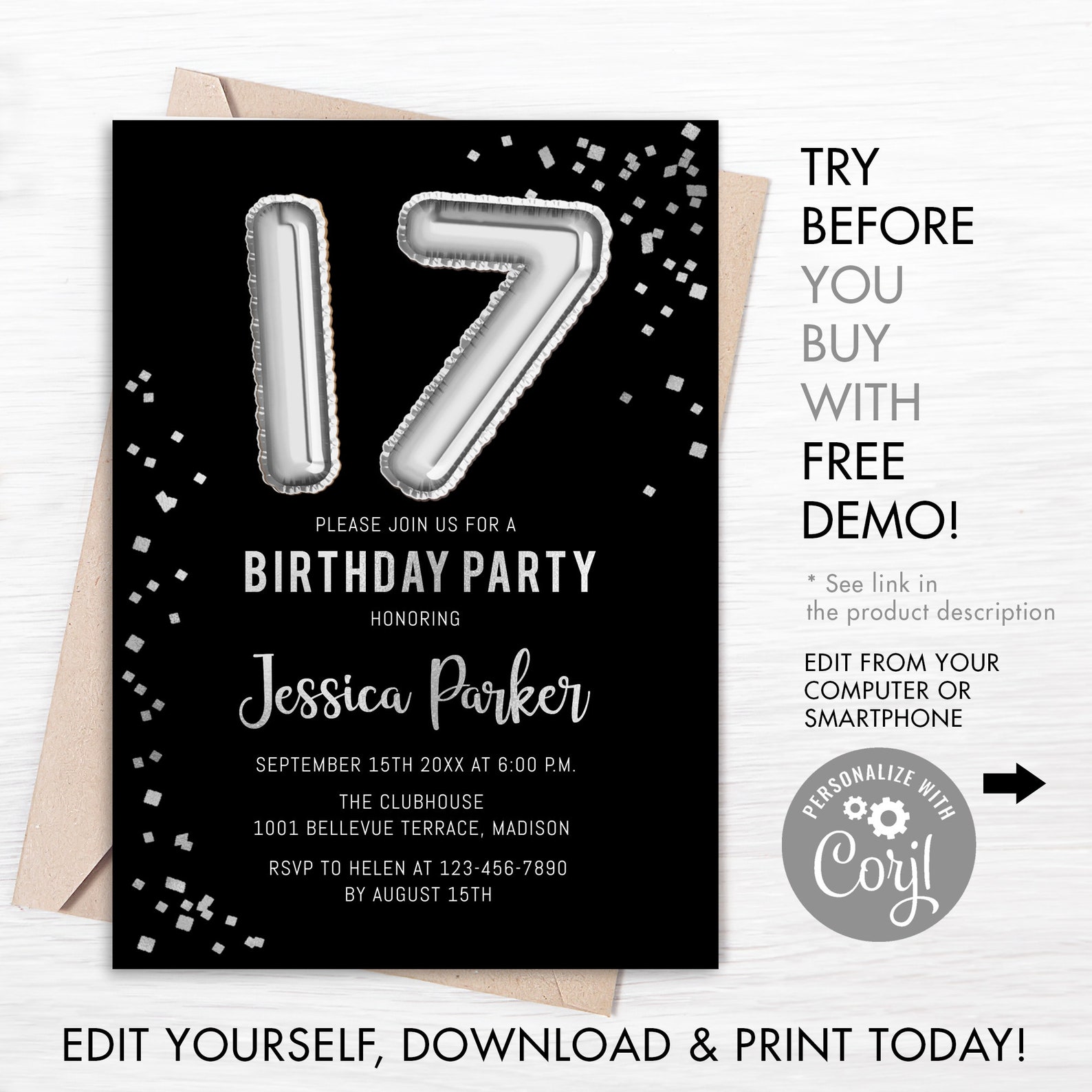 17th Birthday Party Invitation INSTANT DOWNLOAD Digital | Etsy