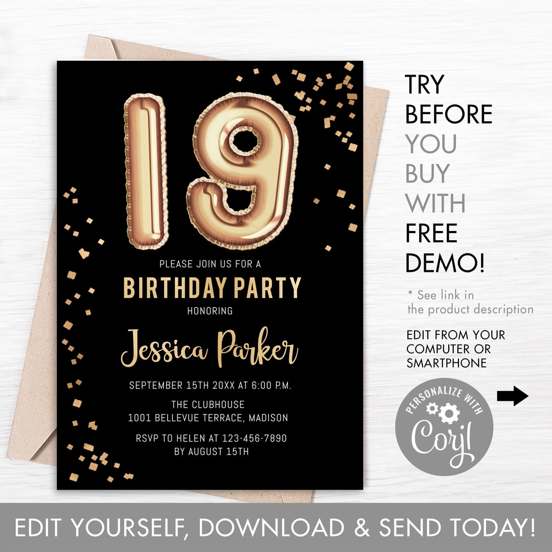 19th Birthday Party Invitation - INSTANT DOWNLOAD Digital Template ...