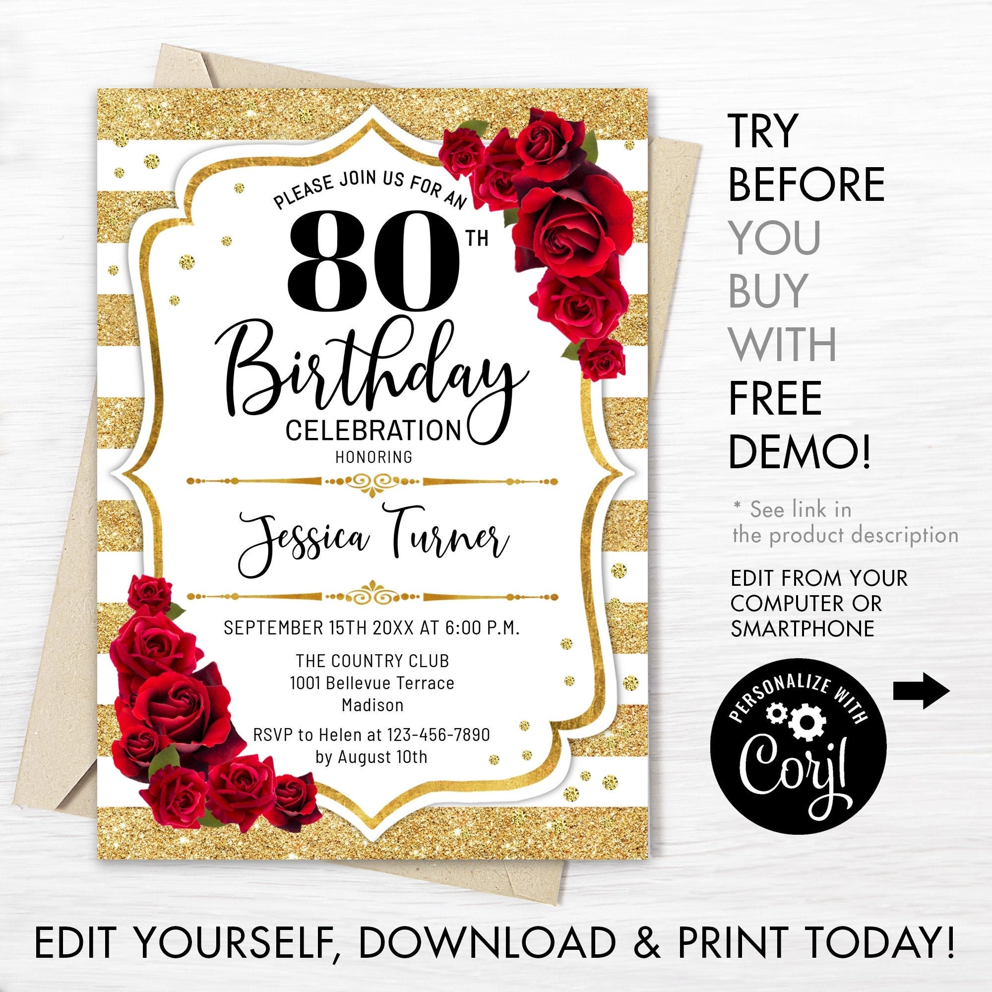 80th Birthday Invitation Instant Download Digital Template Etsy