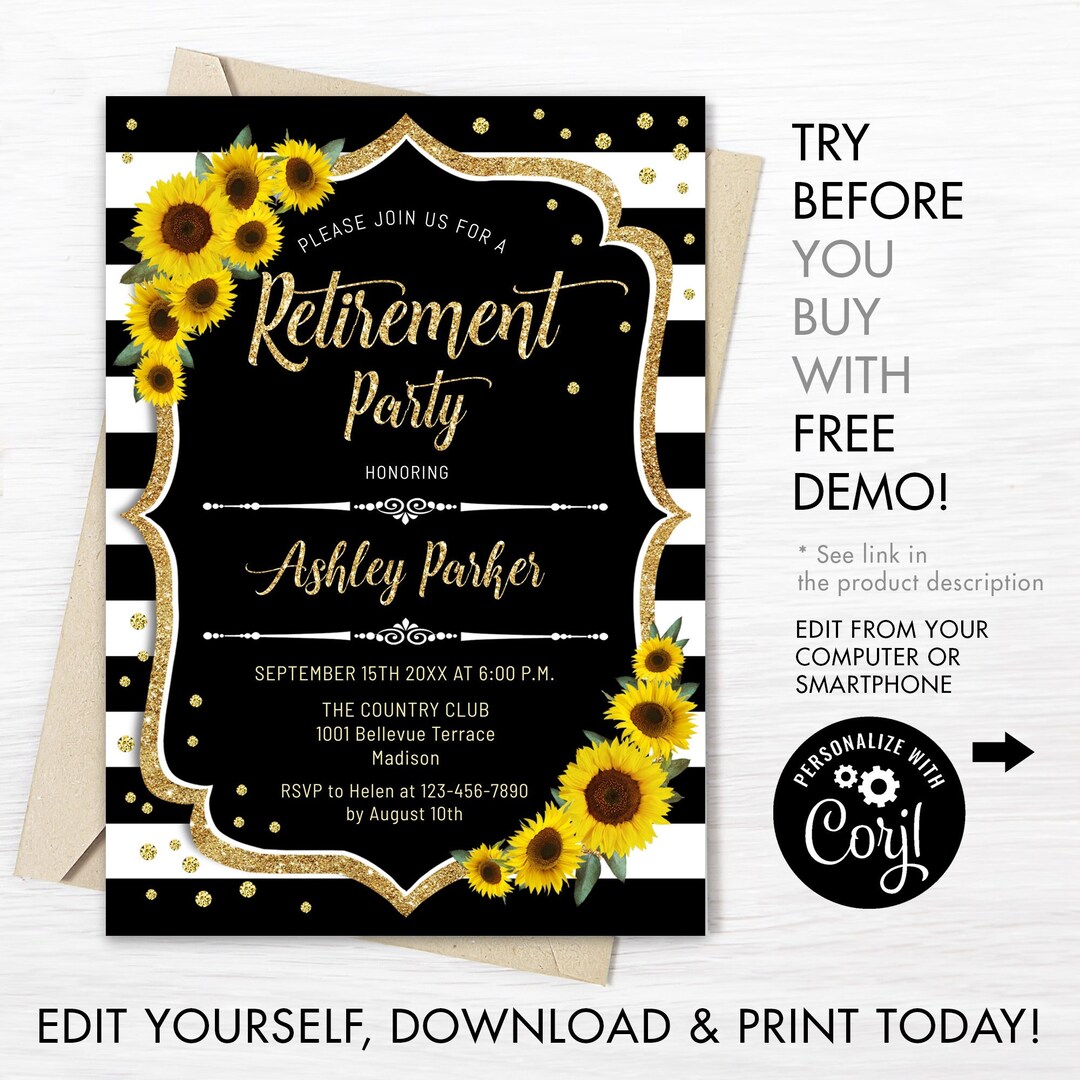 Sunflowers Retirement Party Invitation INSTANT DOWNLOAD Digital ...