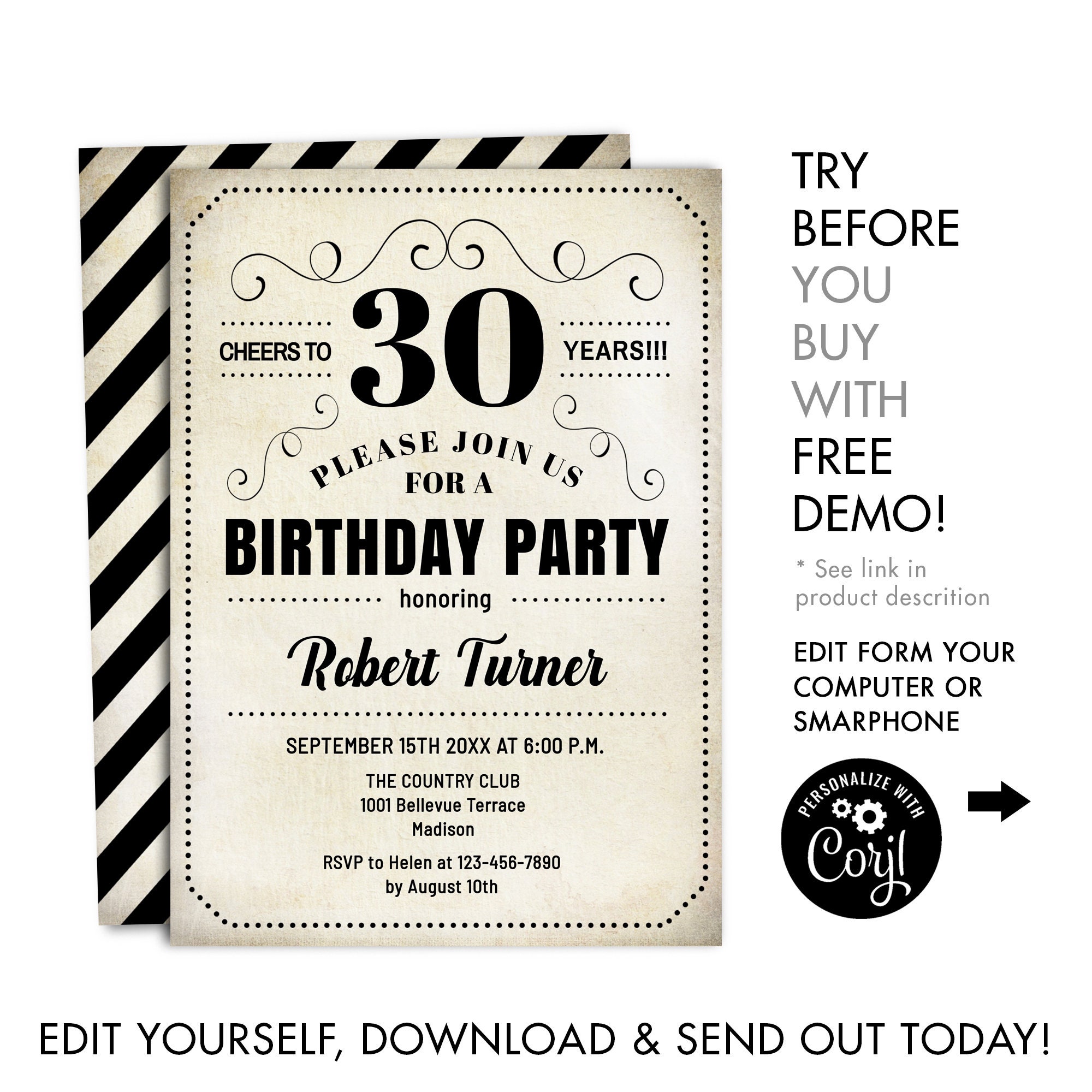 30th Birthday Party Invitation INSTANT DOWNLOAD Digital | Etsy