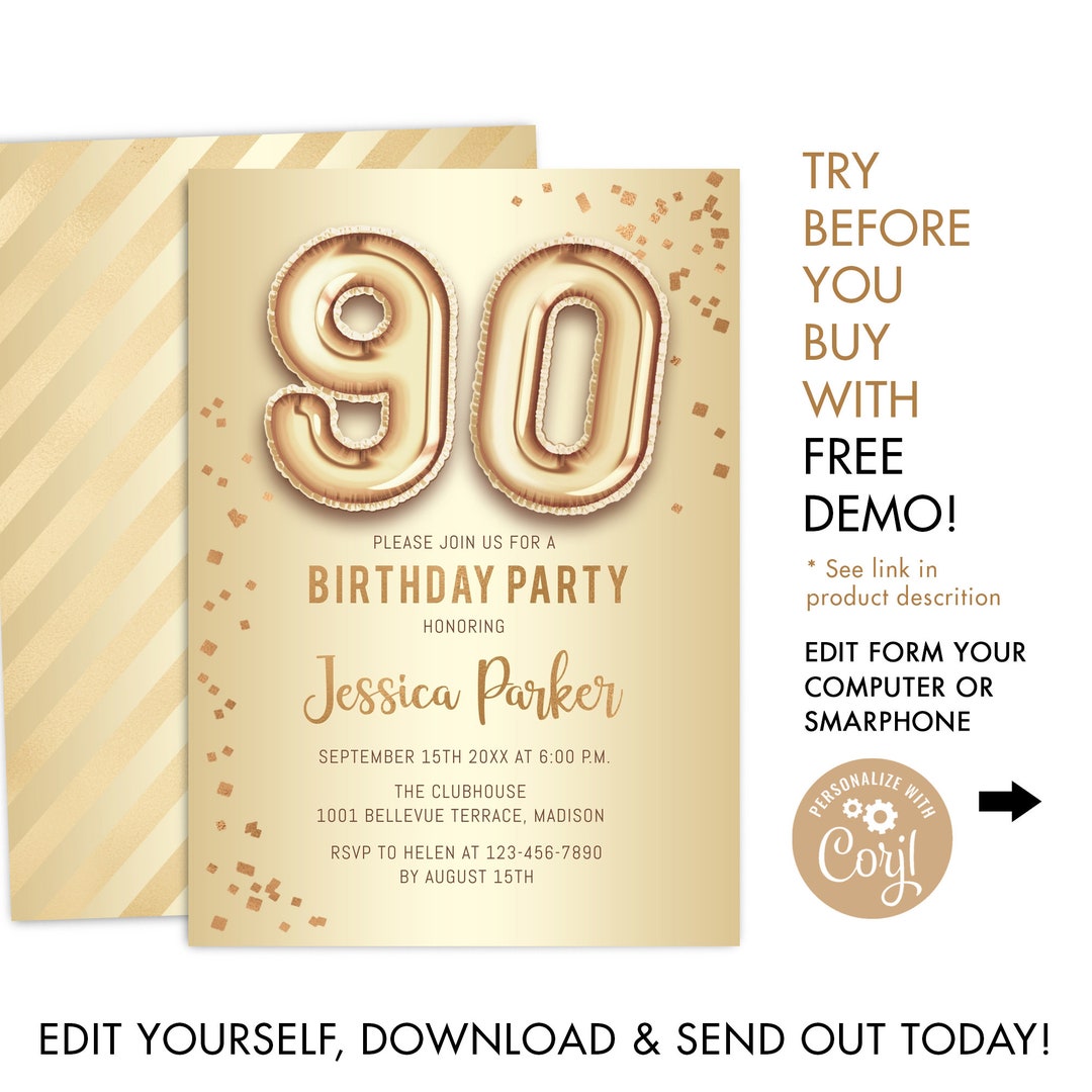 90th Birthday Party Invitation INSTANT DOWNLOAD Digital Template. Gold ...