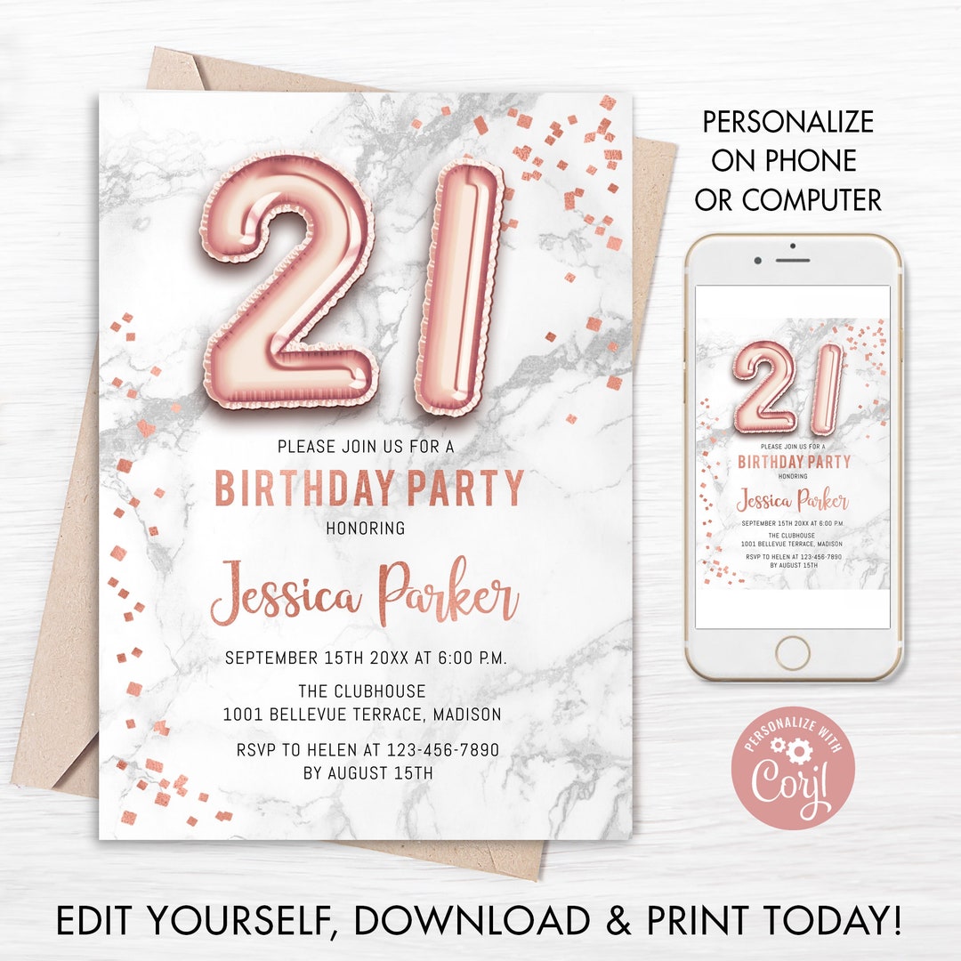 21st Birthday Party Invitation INSTANT DOWNLOAD Digital Template. Rose ...