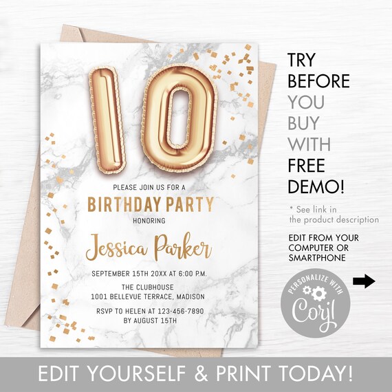 10th Birthday Party Invitation INSTANT DOWNLOAD Digital | Etsy